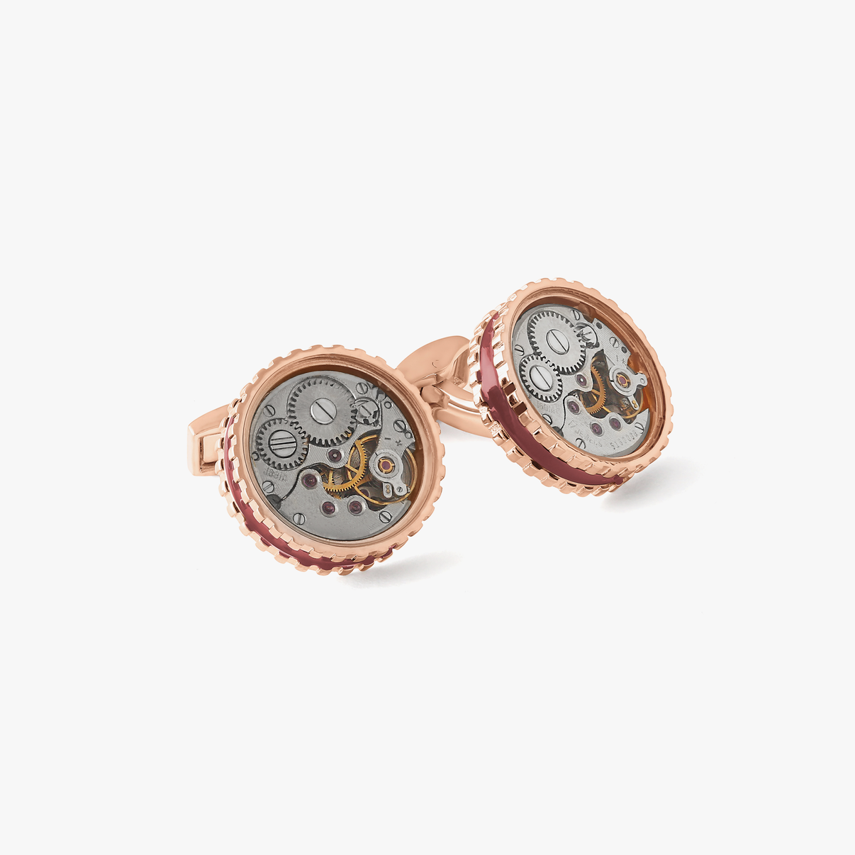 Round Skeleton Gear Cufflinks with Enamel Edge - Rose Gold and Burgundy ...