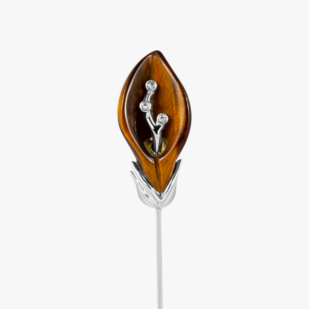 Calas Flower Pin in Palladium Plated with Tiger Eye – Tateossian London