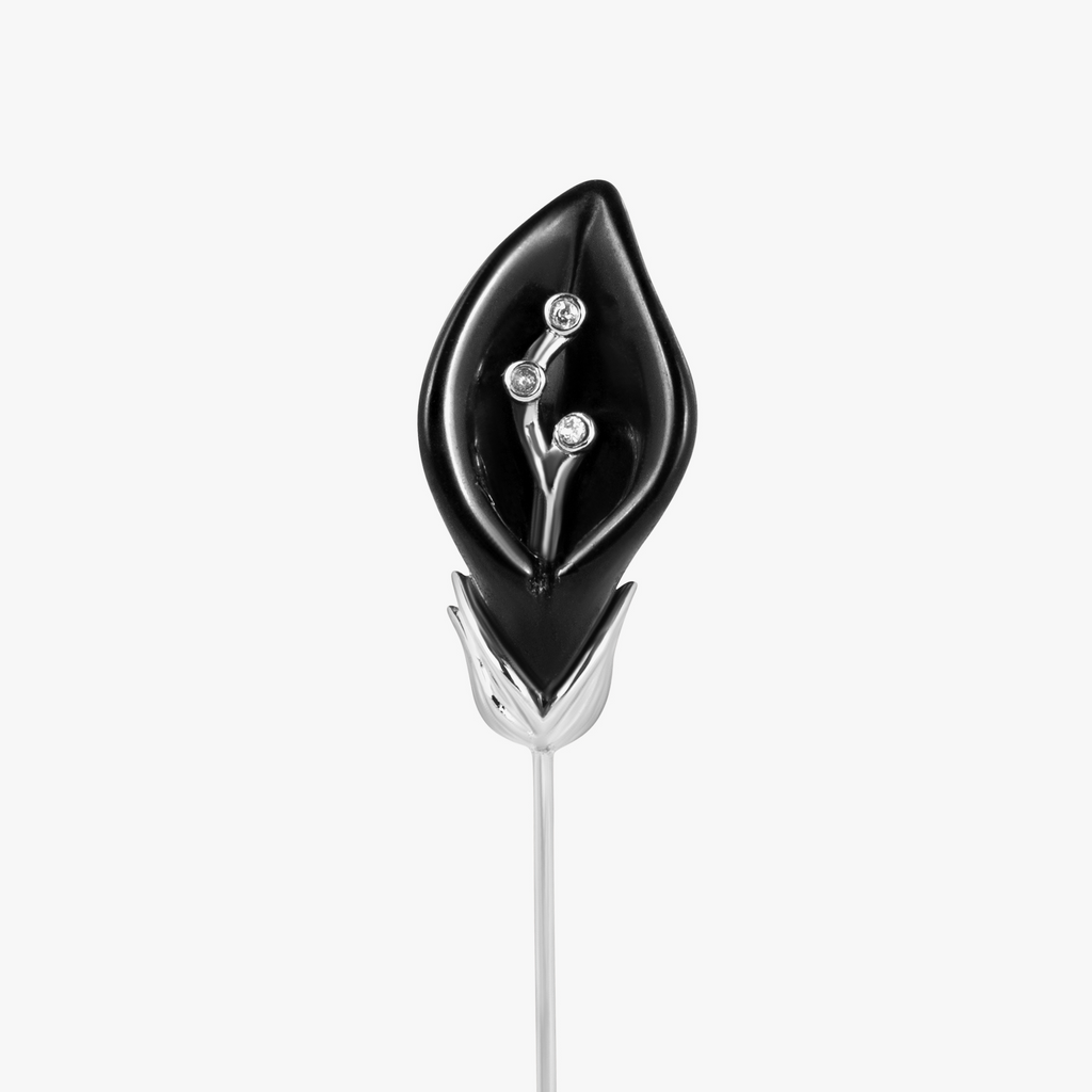 Calas Flower Pin in Palladium Plated with Brazilian Black Stone ...