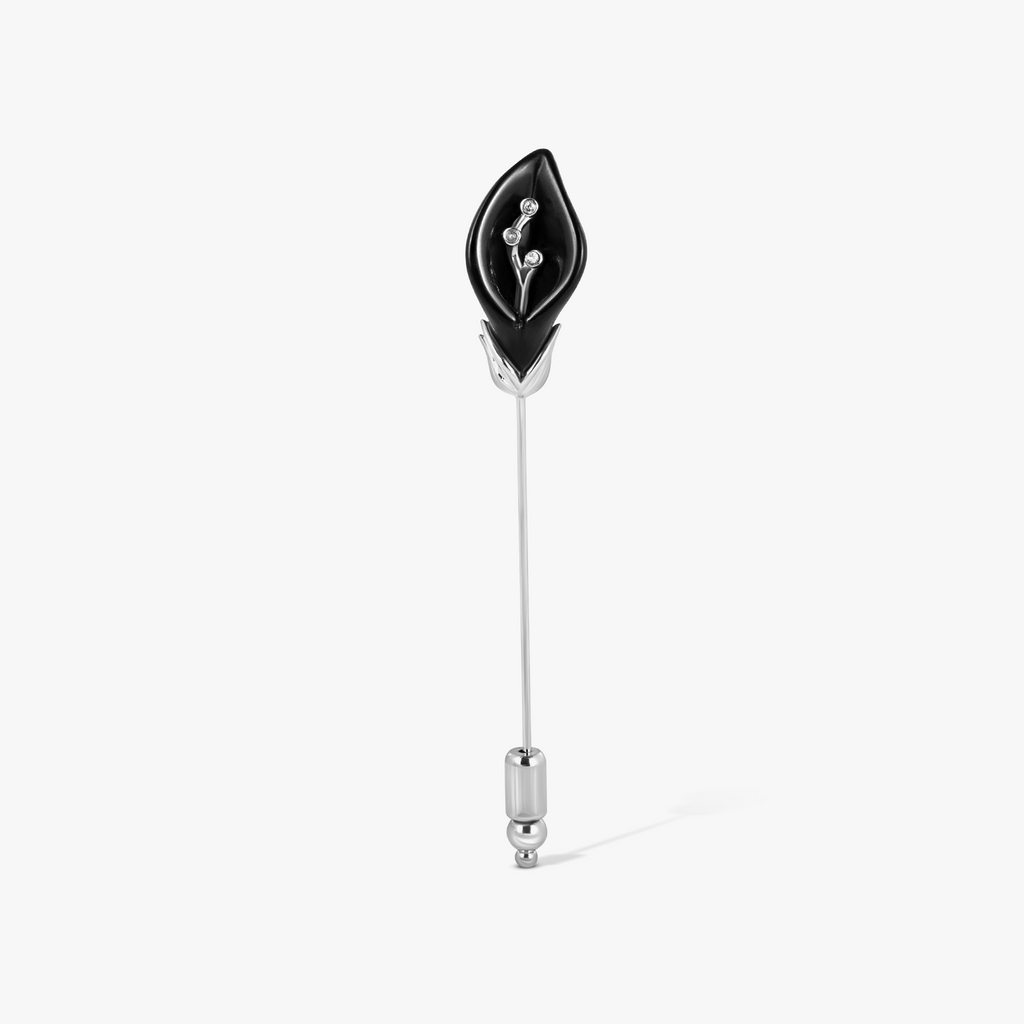 Calas Flower Pin in Palladium Plated with Brazilian Black Stone ...