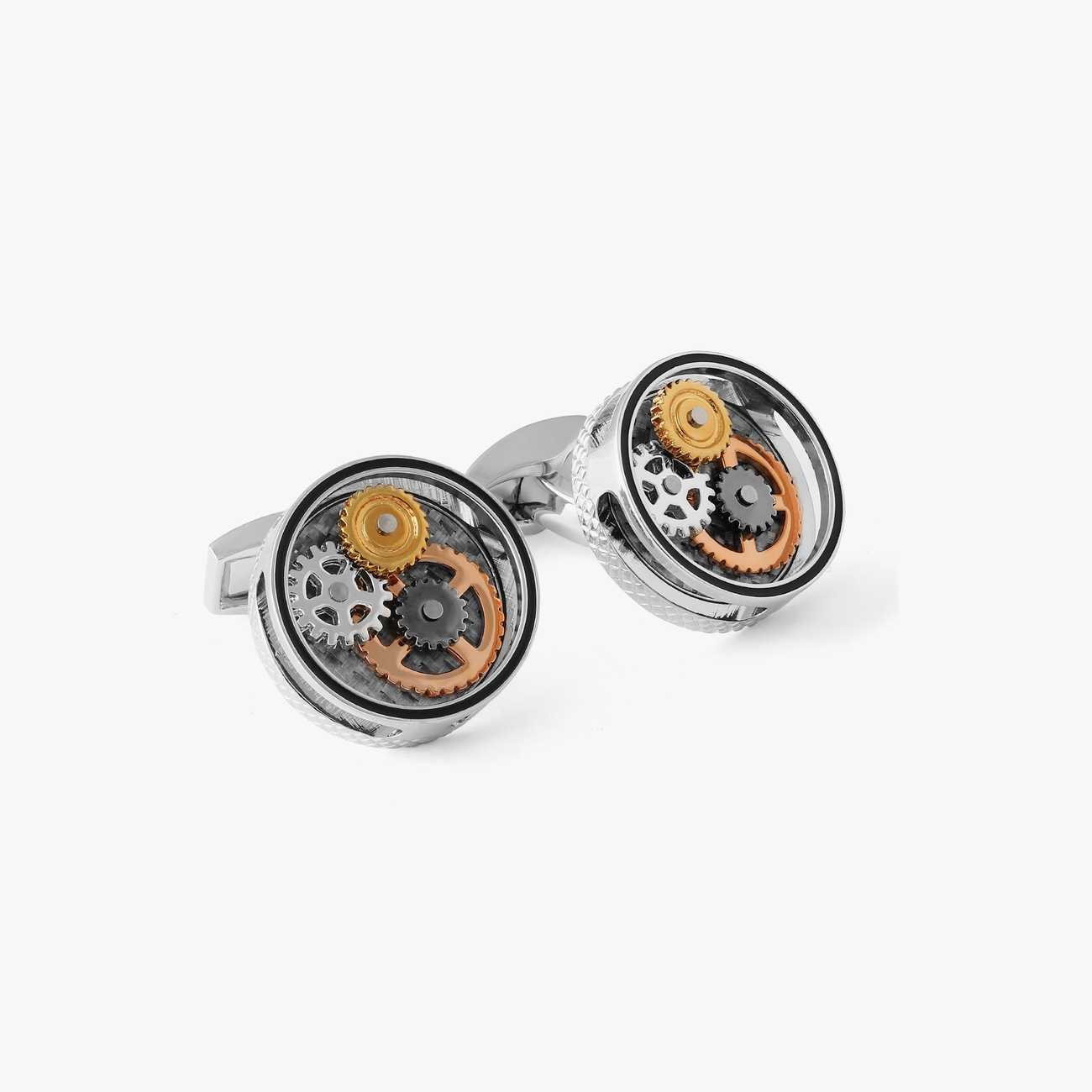 Round Gear Carbon Fibre Cufflinks in Rhodium – Tateossian London